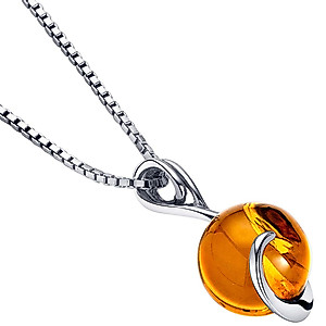 PEORA Genuine Baltic Amber Pendant Necklace for Women 925 Sterling Silver, Rich Cognac Color Solitaire Ball with 18 inch Chain