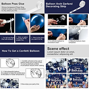 Navy Blue Birthday Party Decorations Blue Confetti Balloons Kit Happy Birthday Photography Backdrop Banner Tablecloths for Boys Girls Men Women Birthday Party Supplies Decor (Navy Blue and Silver)