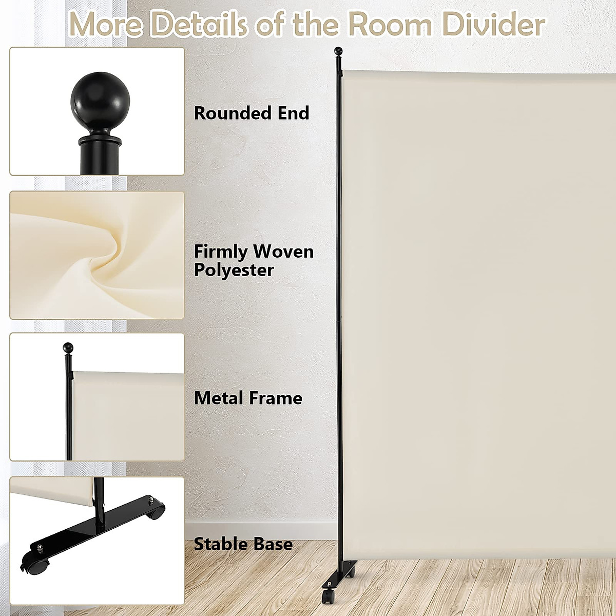 LDAILY 6FT Single Panel Rolling Room Divider, 73" Wide Partition Privacy Screen with Wheels, Freestanding Fabric Room Panel, Portable Wall Divider for Bedroom, Office, Hospital (White, 1-Panel)