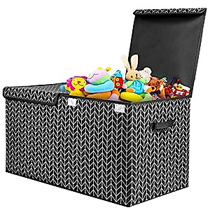 Extra-Large Toy Chest Box Bin Storage with Double Lid 30"x 16" x 16", Collapsible Sturdy Toy Storage Boxes Basket with Handles for Boys, Girls, Nursery, Playroom, Closet, Bedroom and Office(Black)