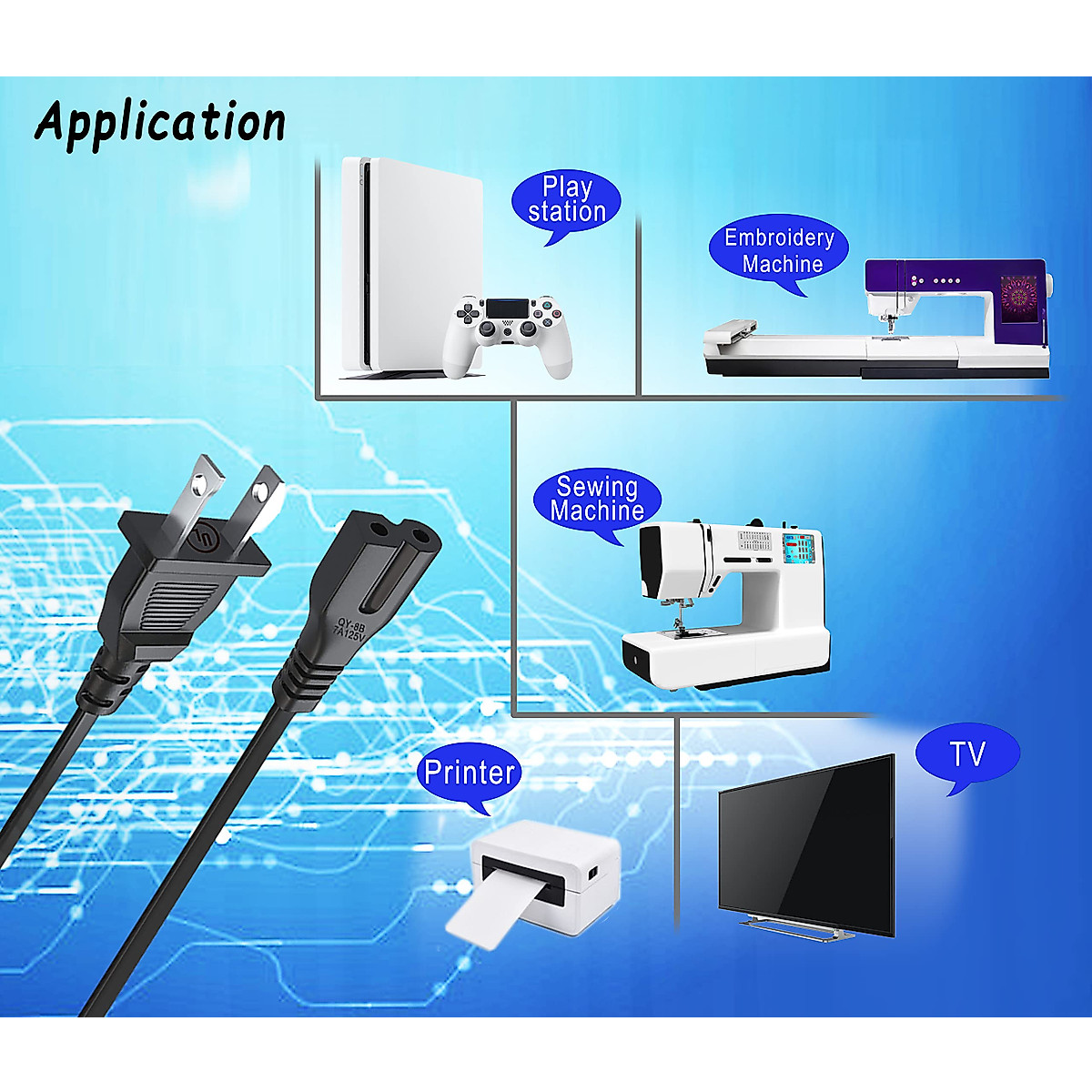 HimaPro 6 feet 110V AC Power Cord(2 Prong) Compatible with Brother, Singer, Baby-Lock, Viking, Pfaff, and Many Other Sewing Machines & Electronic Device