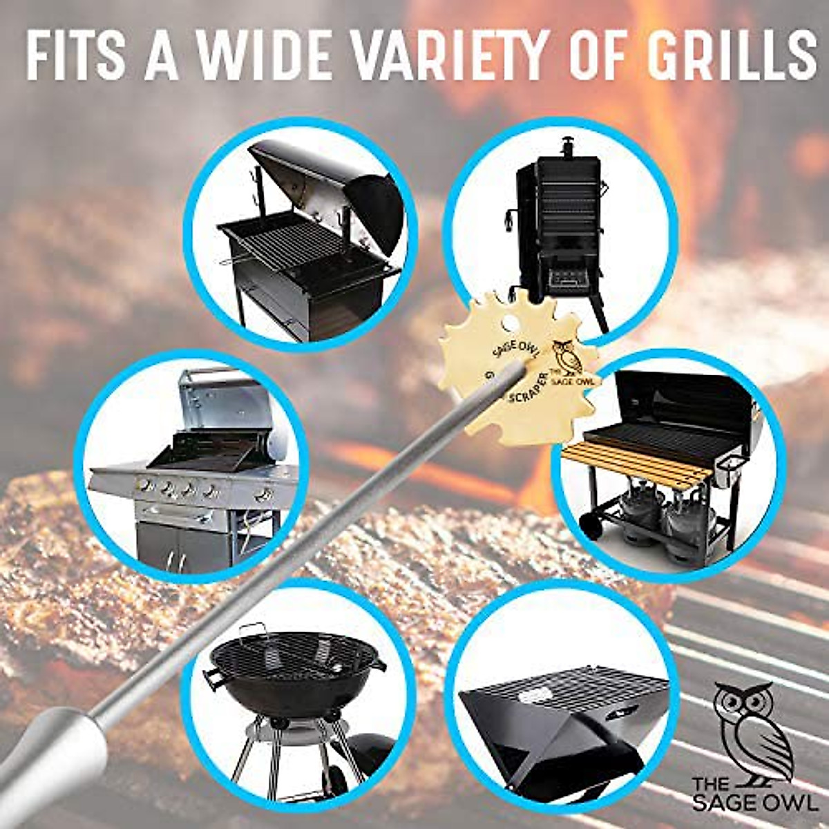 The Sage Owl Grill Scraper Cleaning Tool with Long Handle - for Hot Grates. Brass 5 in 1 Grill Cleaner with a 17" Long Handle, Works with Most Any Design, Brand and Style of Grill