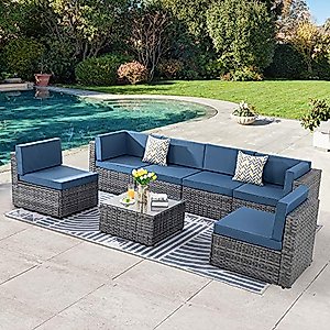 SUNLEI 7 Pieces Patio Sofa Conversation Set Outdoor Furniture Sets PE Rattan Low Back All-Weather Rattan Sectional Sofa Washable Cushions with Coffee Table (Silver Gray Rattan) (Aegean Blue)
