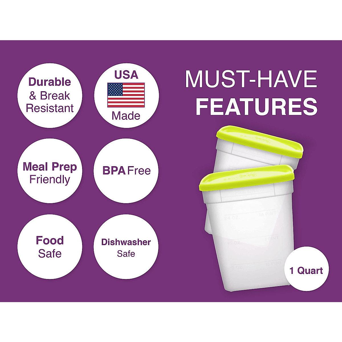 Arrow Home Products 1 Quart Freezer Food Storage Containers with Lids, 6 Pack - USA Made Reusable Freezer Containers for Food Storage - Prep, Store, Freeze - BPA Free, Dishwasher Safe, Durable