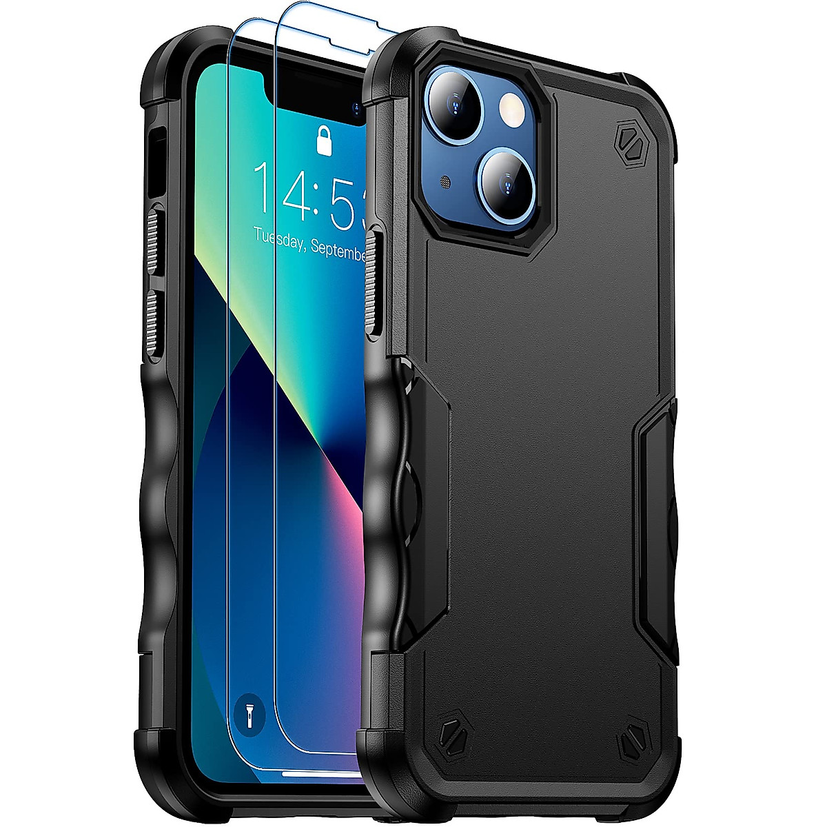 SPIDERCASE Designed for iPhone 13 Mini Case, with 2 Packs [Tempered Glass Screen Protectors] [10FT Military Grade Drop Protection] [Non-Slip] Heavy Duty Shockproof Case, Black