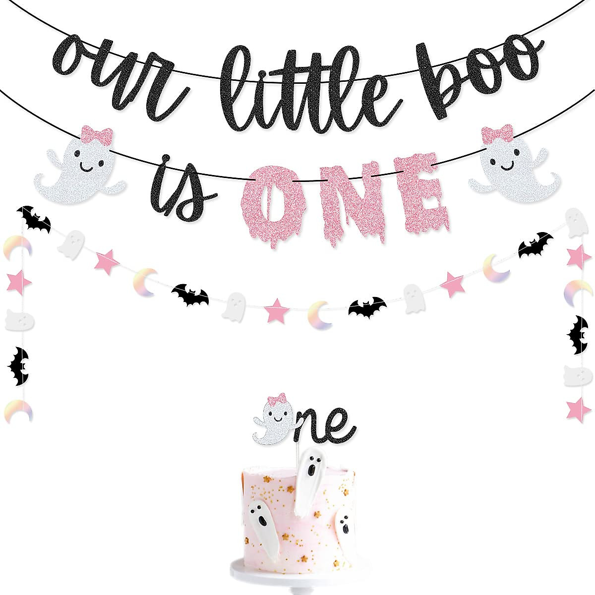 Pink Black Our Little Boo is One Banner One Cake Topper for Pink and Black Halloween Girl 1st Birthday Party Decorations