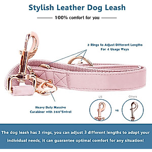 Soft Leather Dog Collar and Leash (6.6') Set - Stylish Rose Gold Heavy Duty Metal Buckle, 4 Adjustable Lengths Leash for Small Medium Large Dogs - Comfortable & Easy to Clean Pink M(13.8"-19.7")