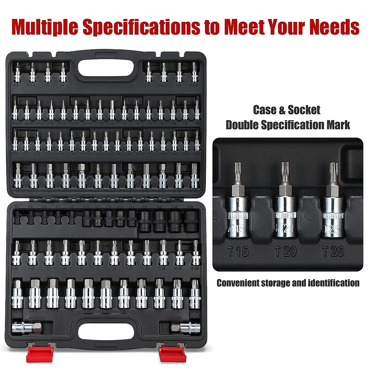 RIMKOLO 92-Piece Allen and Torx Bit Socket Set, 1/4" 3/8" and 1/2" Drive Torx/Tamper Proof Torx/Hex SAE & Metric Bit Set