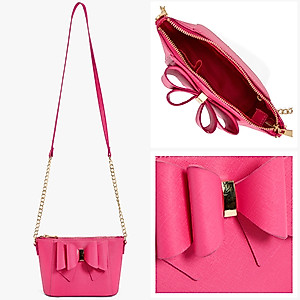 Like Dreams Womens Small Crossbody Vegan Leather Bowtie Fashion Gold Chain Handbag Purse (Fuchsia)