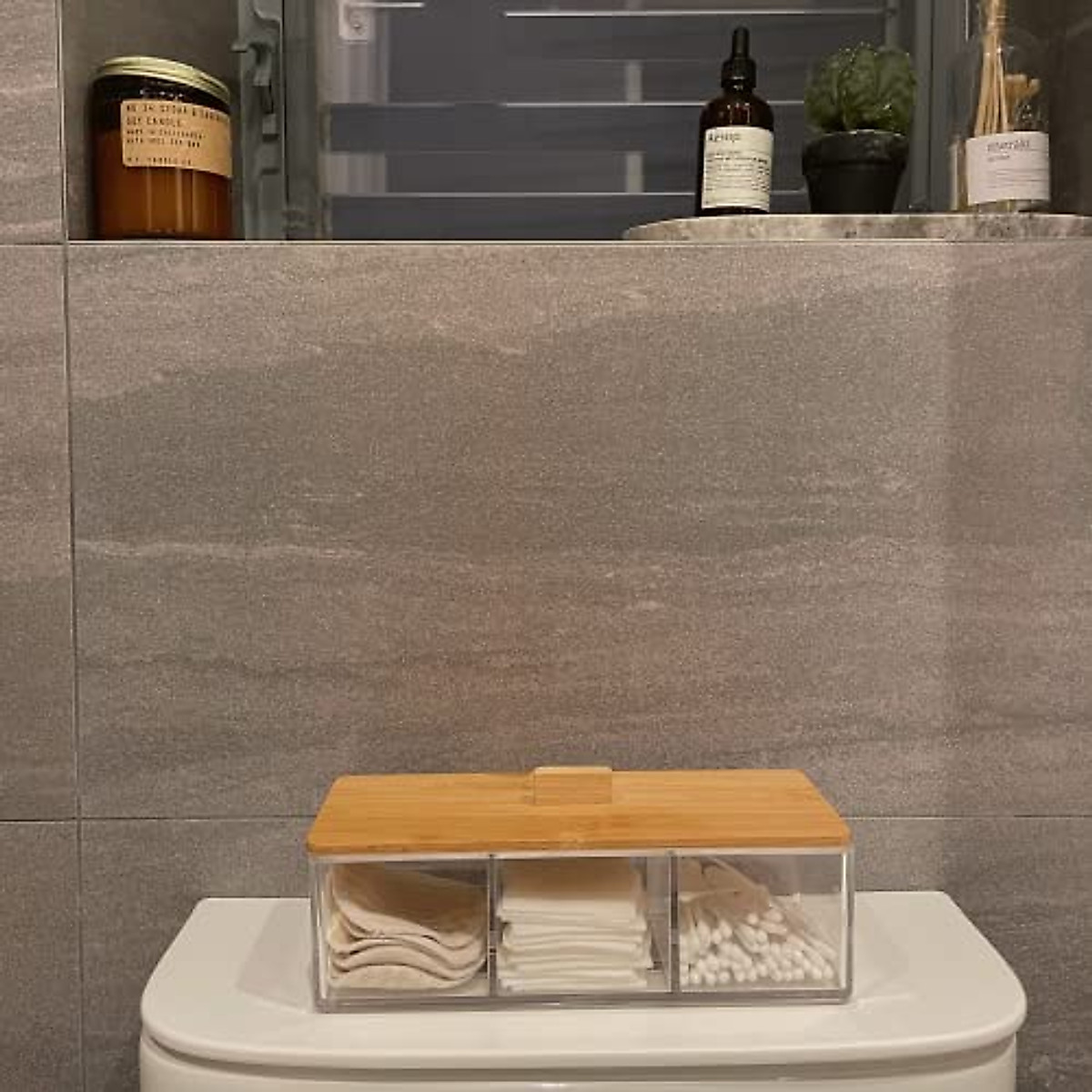 Kornerstore Compartment Organizer with Bamboo Lid - an Organizer and Storage Solution for Bathroom, Countertop - Qtip, Bathroom Accessories, Lash, Cotton Swabs, Coffee Pods, Tea Bags