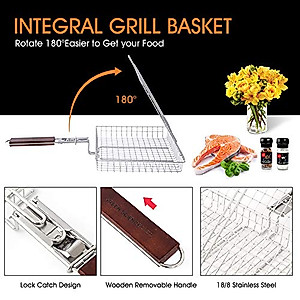 Green Science Portable Grill Basket - Food Grade 304 Stainless Steel BBQ Barbecue Tool with Handle for Outdoor - Steak, Meat, Fish, Shrimp, Pork, Vegetables Grilling Basket