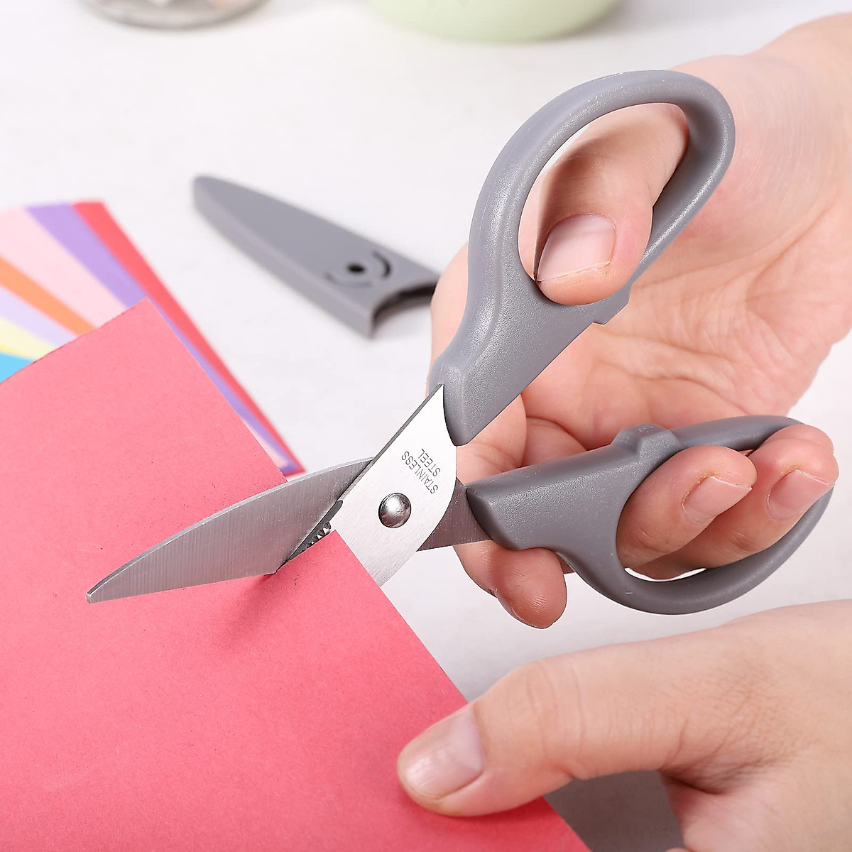 YOUGUOM 6in Multipurpose Scissors, Stainless Steel Sharp Basic Shears for Office Home Household Kitchen School Craft Supplies w/Protective Cover, Comfort Grip Grey