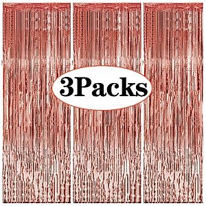 3pcs Foil Curtains Metallic Fringe Curtains Rose Gold, 3.28ft x 6.6ft Metallic Tinsel Curtains for Birthday Wedding Engagement Bachelorette Party Bridal Shower Baby Shower Decorations