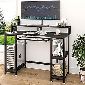 JSungo Small Computer Desk with Monitor Stand, 47 Inch Home Office Desk with 2 Tier Storage Shelf for Small Space, Sturdy Writing Gaming Table with Keyboard Tray and CPU Shelf, Black