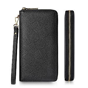 Chelmon Womens Wallet Large Capacity Zip Holder Clutch Bifold Wrist Strap Long Purse Black