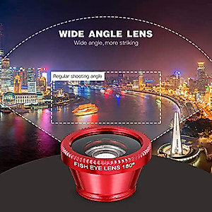 Hemobllo Portable Cell Phone Camera Lens Super Wide Angle Lens Macro Lens Fisheye Lens Clip on 3 in 1 Mobile Phone Lens Compatible for iPhone 6S/7/8/X (Red)