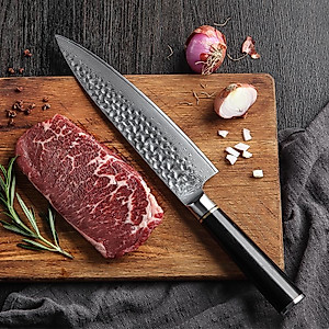 SHIRKHAN Japanese Damascus Kitchen Knives 2 pcs Set - Chef & Paring Knife - 67 Layers - High Carbon 10Cr15CoMoV Ultra Sharp Hand Hammered Steel Blade - Ergonomic Ebony Wood Handle