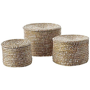 Creative Co-Op Whitewashed Woven Seagrass Lids (Set of 3 Sizes) Baskets, White