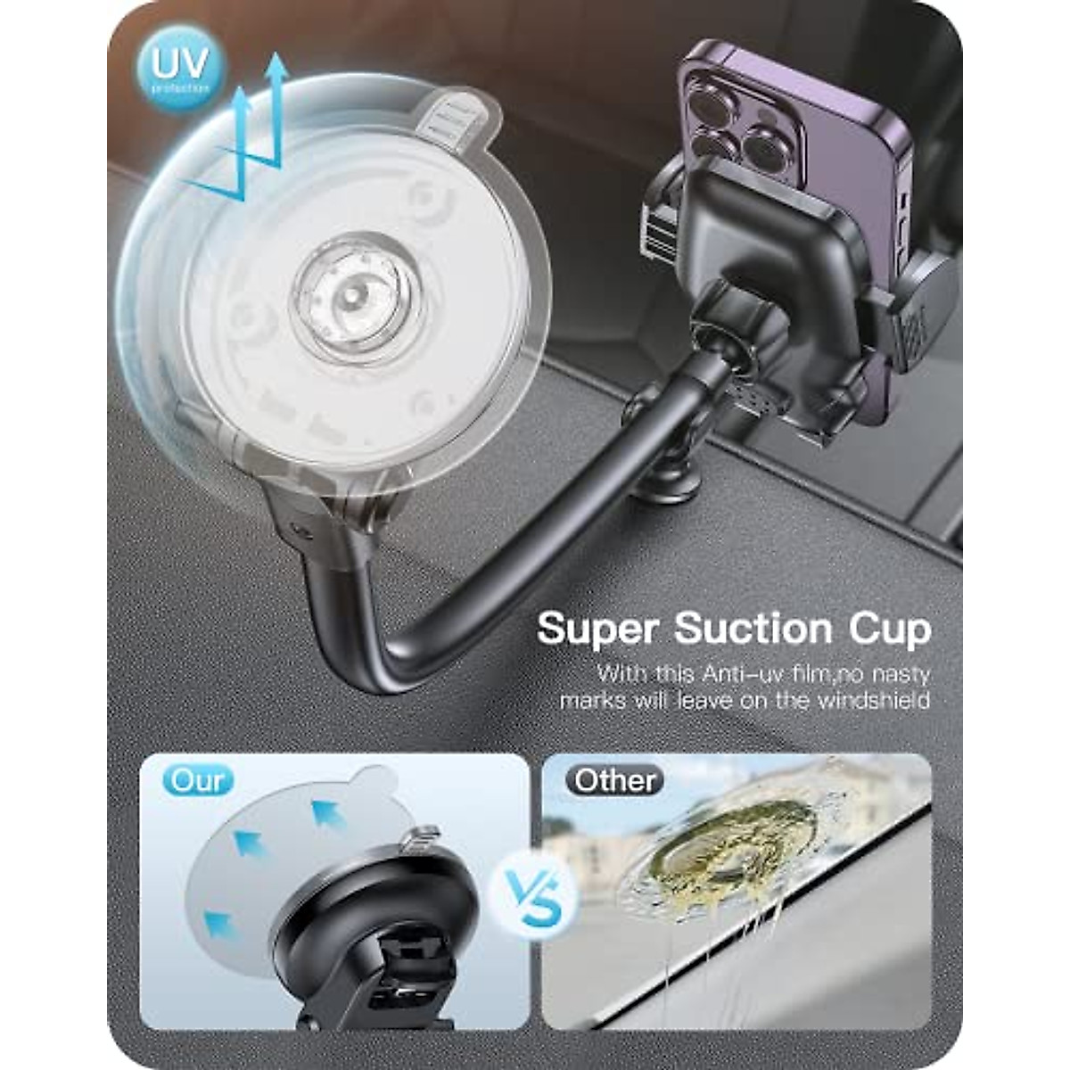 Windshield Car Phone Holder Mount Dashboard/Suction Cup/Window, 13" Phone Holder for Car Dashboard with Super Sticky Gel Pad, Truck Cell Phone Holder for Car, Compatible with Thick Case & Large Phone