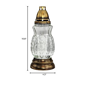 Cemetery Memorial Candle - Gravesite Remembrance Decoration - Unique Traditional Decorative White Glass Candle with Floral Motif and Gold Decoartive top and Base (H:10.83in x W:4.33in)