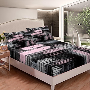 Abstract Pink and Black Sheets with Deep Pocket Fitted Sheet Full, Geometric Artistic Smear Sheet Set Abstract Graffiti Art Bed Sheets Set Contemporary Modern Brush Design Bedding Set Full Size