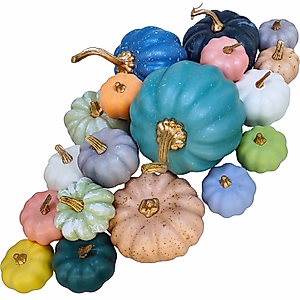 Winlyn 18 Pcs Bulk Assorted Rustic Harvest Artificial Pumpkins Decorative Pumpkins Faux Foam Pumpkins in Blue Green Teal for Fall Harvest Autumn Wedding Thanksgiving Halloween Party Table Centerpiece