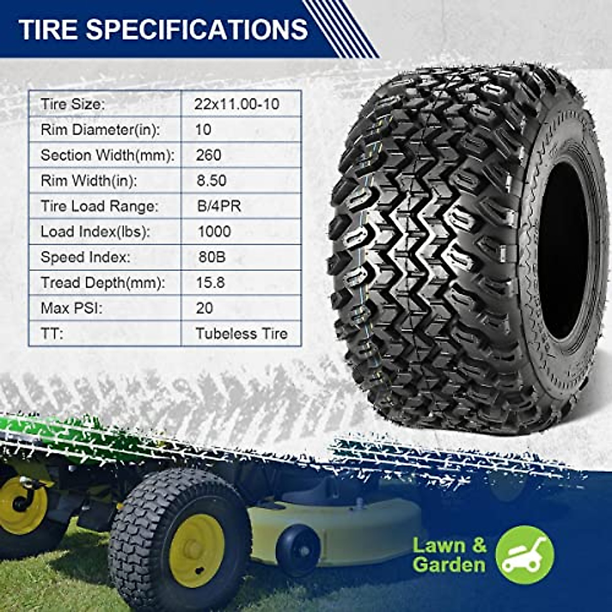 MaxAuto 22x11.00-10 Lawn Mower Tires, 22x11x10 Golf Cart Tires, 22x11-10 nhs Tires, Hilly Terrian Vehicle Tire with 15.8mm Tread Depth, 4Ply Tubeless, Set of 2
