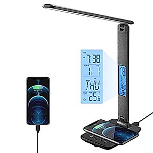 poukaran Desk Lamp, LED Desk Lamp with Wireless Charger, USB Charging Port, Table Lamp with Clock, Alarm, Date, Temperature, Office Lamp, Desk Lamps for Home Office,Black