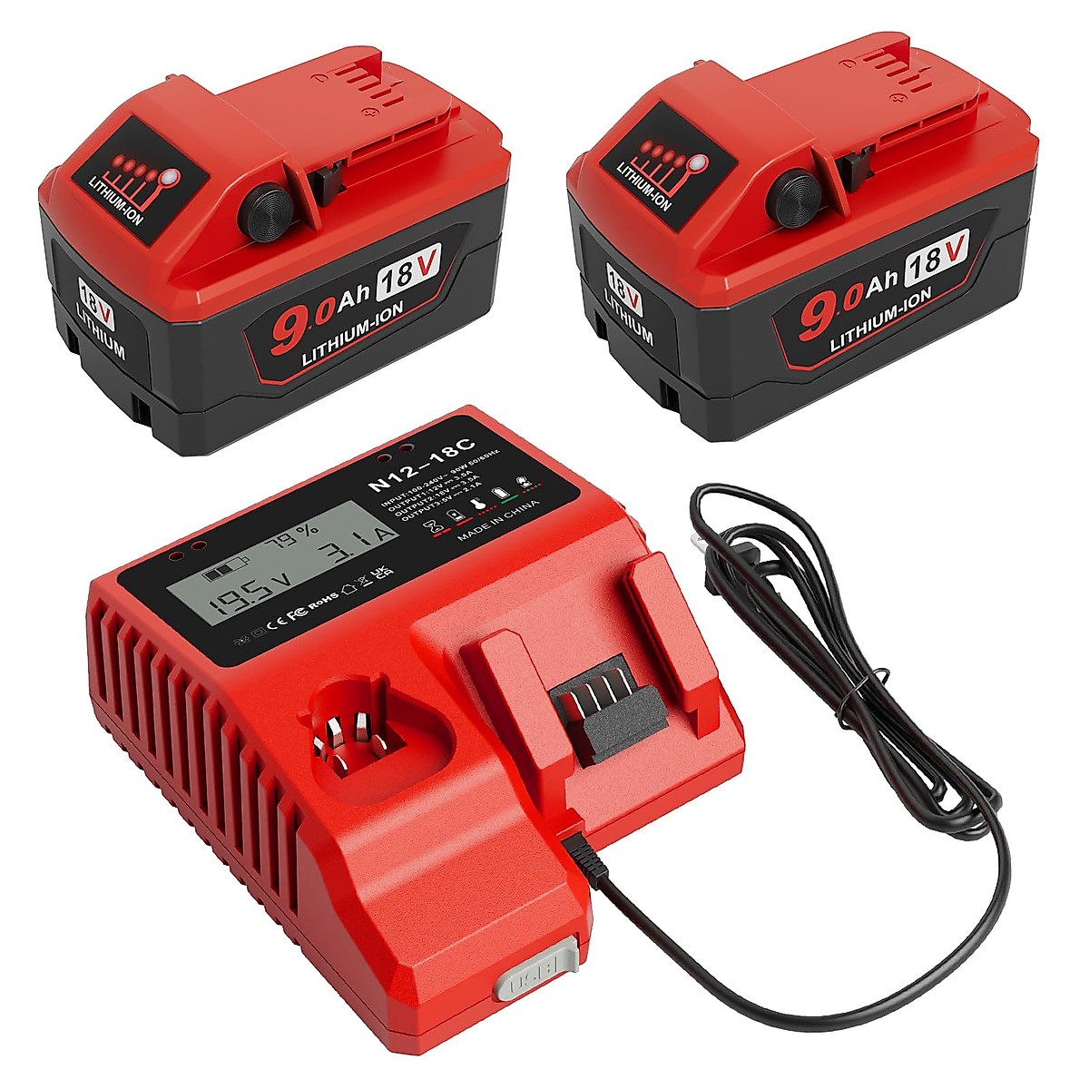 Komifolen 2 Pack 9.0Ah 18V Battery and Charger Replacement for Milwaukee M18 Batteries 48-11-1880 48-11-1860 48-11-1850 48-11-1828,2024 New Version High Demand