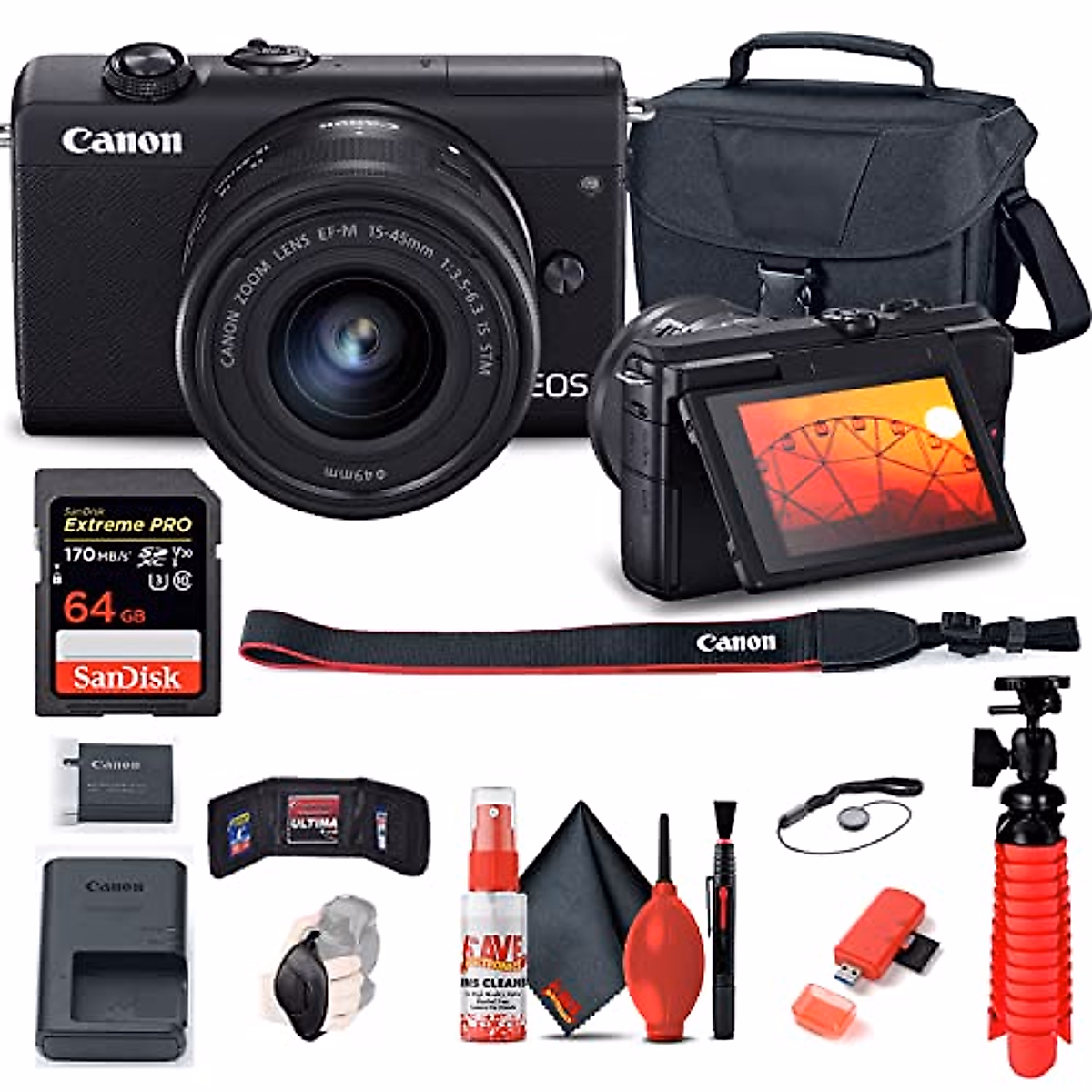 Canon EOS M200 Mirrorless Digital Camera with 15-45mm Lens (Black) (3699C009) + 64GB Memory Card + Case + Card Reader + Flex Tripod + Hand Strap + Cap Keeper + Memory Wallet + Cleaning Kit (Renewed)