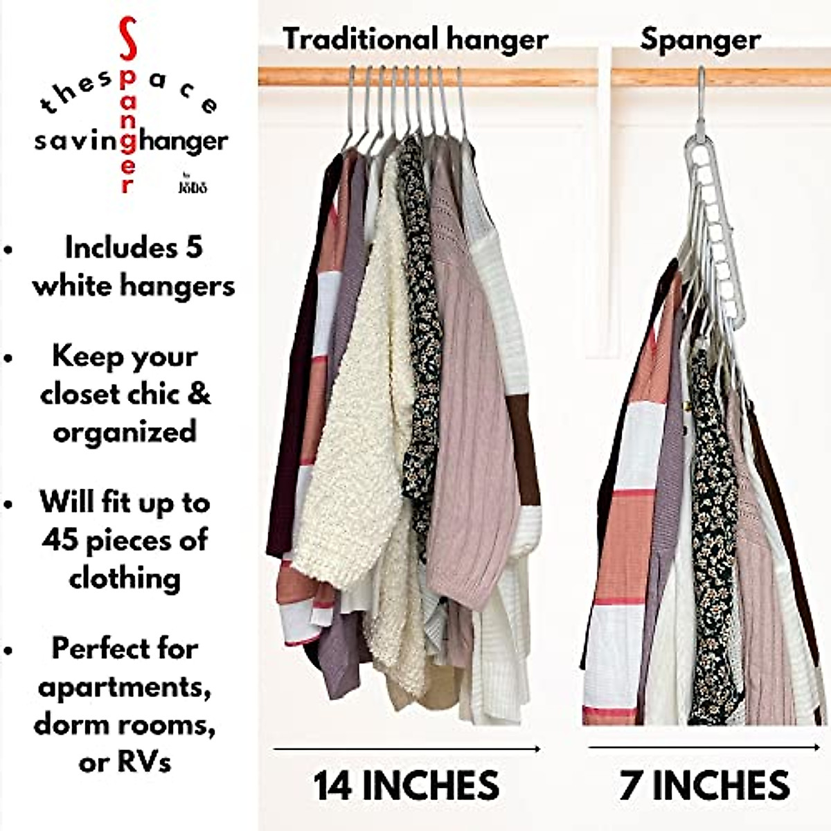 Space Saving Hanger [5 All White] Closet Organizers & Storage, Campers & RVs, College Dorm Room Essentials, Apartment, Multifunctional Closet Organizer, Cascading & Collapsible Hanger for 45 Pieces