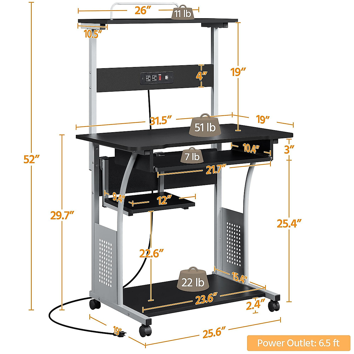 Topeakmart Rolling Computer Desk with Charging Station and 2 USB Ports for Small Space, Study Writing Desk with Keyboard Tray and Printer Shelf for Home Office, Compact Study Table with Wheels, Black