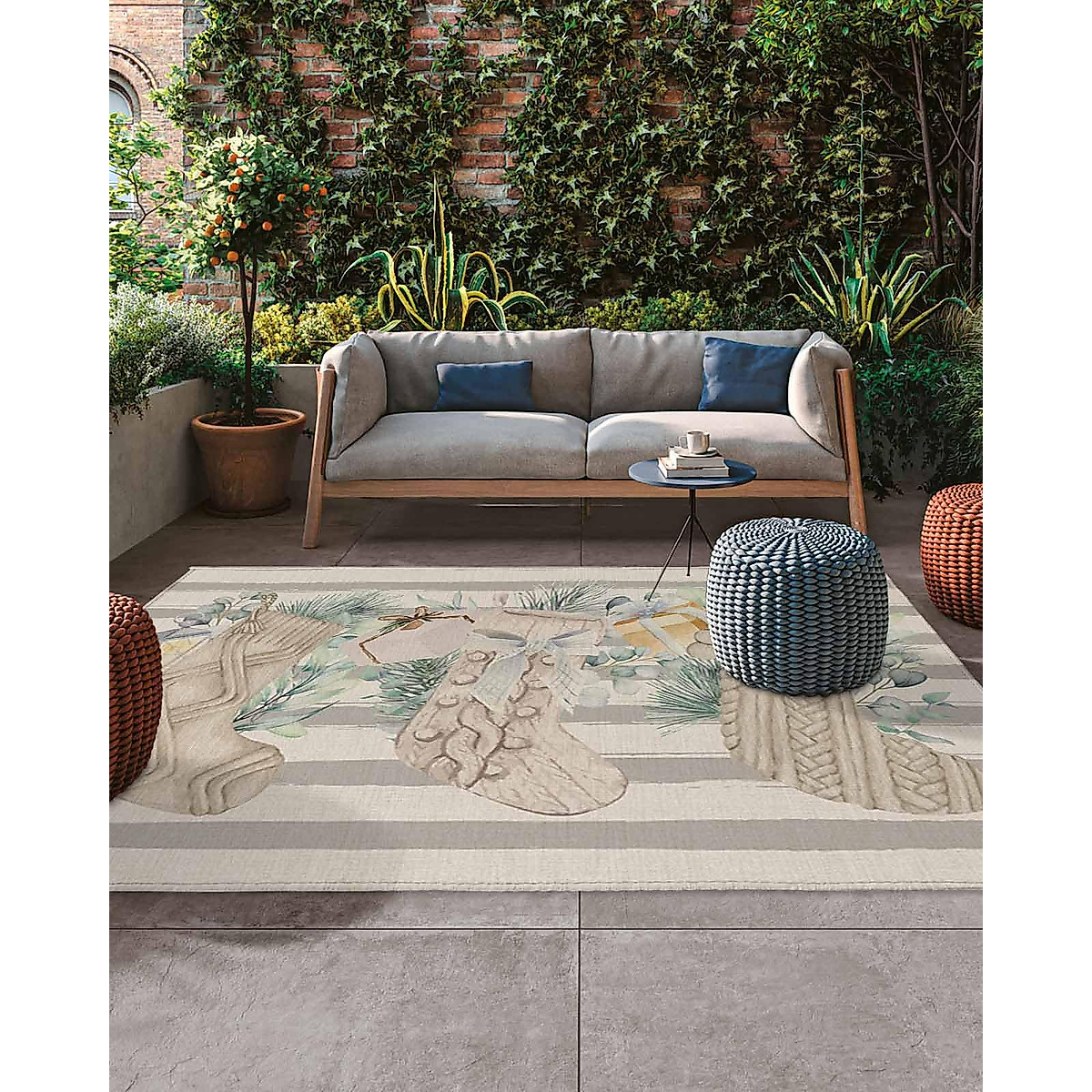 Christmas Stockings Outdoor Rugs for 5'x8' Patios Clearance, RV Camping Mat Rug Portable Outside Rug Indoor Outdoor Area Rug Mat for Beach Deck Pool Eucalyptus Leaves Rustic Stripes