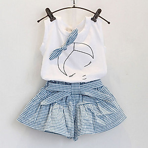 Verypoppa Baby Girls Sleeveless T Shirt + Plaids Shorts Sets Outfits , White + Blue, 4 - 5 Years