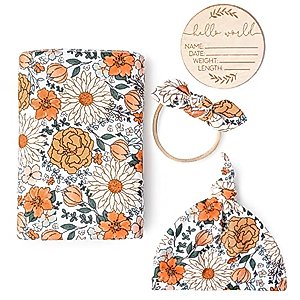 Konssy Baby Girl Newborn Receiving Blanket with Matching Headband and Beanie Set Baby Swaddle Floral Print Nursery Swaddle Wrap