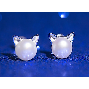 Wicary Cat Ear Earrings Sterling Silver Cultured Freshwater Pearl Stud Earrings