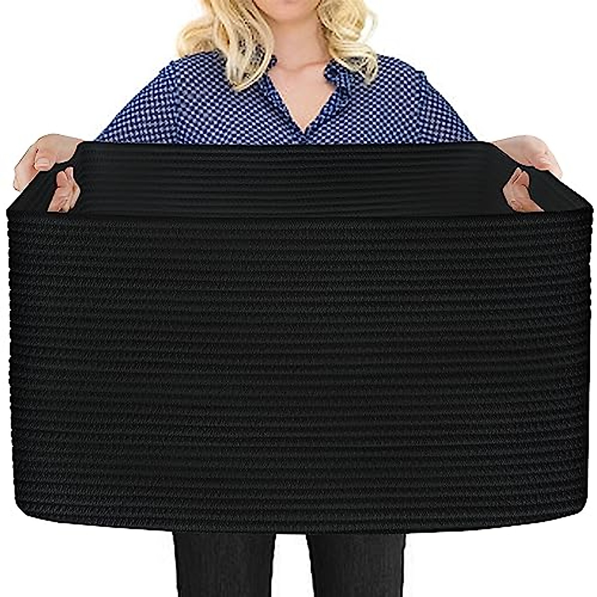 MEGASKET Extra Large Rectangle Storage Basket, 23.6" x 15.7" x 14.1" Black Blanket Basket Storage for Living Room, Large Soft Woven Cotton Rope Basket, Kids Toy Baskets Organizer Bins, Wicker Basket
