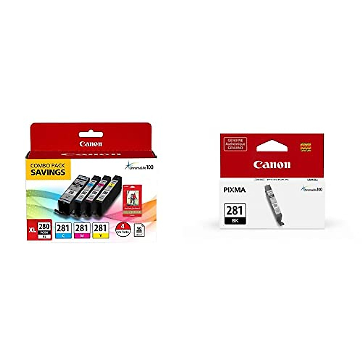 Canon PGI-280XL PGBK/CLI-281CMY, 50 Sheets PP-301 Combo Pack & 281 Black Ink Tank, Compatible to TR8520, TR7520, TS9120 Series