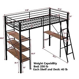 Metal Loft Bed Twin Size, Twin Loft Bed with Desk and 3-Tier Storage Shelves, Twin Loft Bed with Ladder and Full-Length Guardrail, Twin Size Loft Bed for Kids, Teens, Adults, Black Loft Bed with Desk