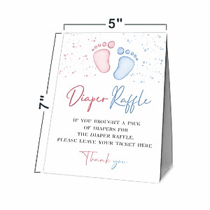 JCVUK Baby Shower Games, 1 Diaper Raffle Standing Sign with 50 Diaper Raffle Tickets, Baby Footprints Theme Gender Reveal Party Decorations and Supplies For Boys or Girls(LBLK-A03)