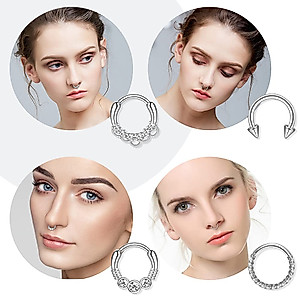 12PCS 16G Septum Clicker Ring 316L Stainless Steel Septum Ring CZ Opal Cartilage Helix Tragus Hoop Daith Earrings Hinged Segment Clicker Ring Zirconia Nose Rings Hoop 10MM Nose Piercing Jewelry Silver