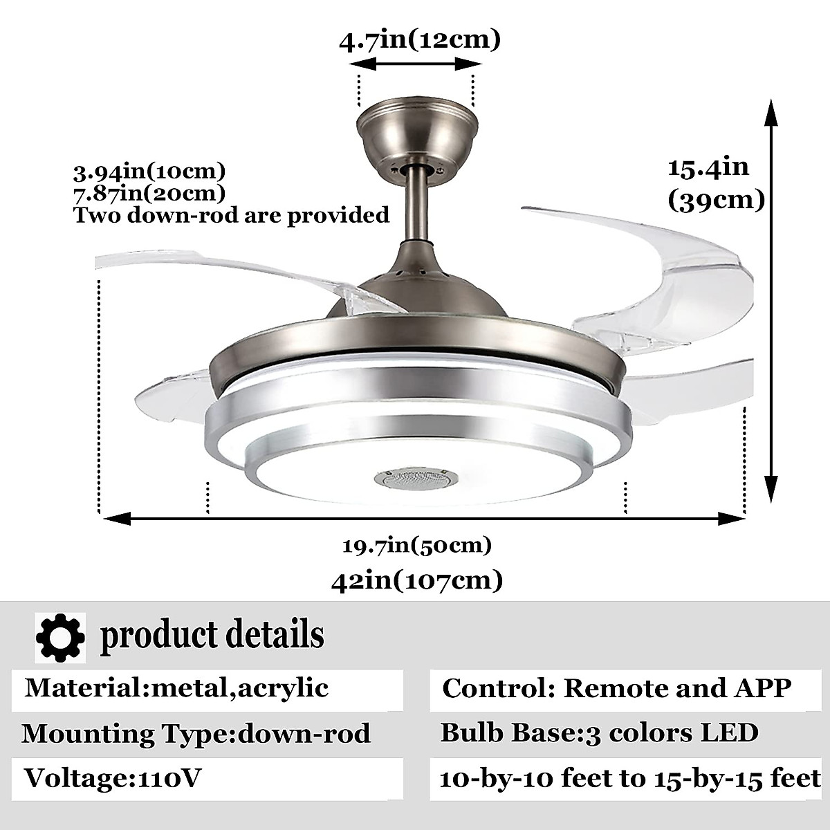 FINE MAKER 42 Inch Retractable Ceiling Fan Light, 3 Color Changeable LED Bluetooth Music Player 3-Speed Silent Motor Chandelier Ceiling Fan for Living/Dinning Room