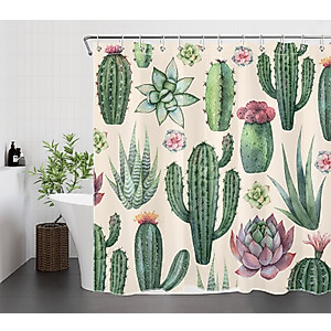 LB Western Tropical Cactus Shower Curtain Sets with Rugs Pink and Green Succulent Plant with Floral on Beige Fabric Shower Curtain with Hooks Nature Plant Bathroom Curtains Shower Set, 72x72 inches