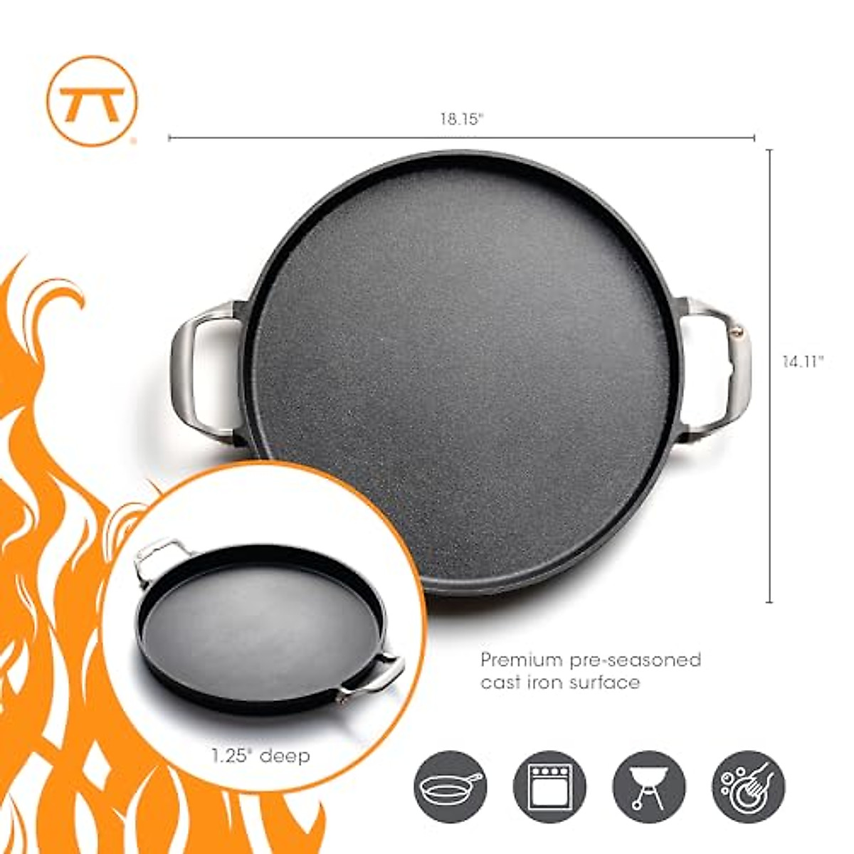 Outset Grill Paella and Deep Dish Pizza Pan, Cast Iron BBQ Pan with Handles, 18.15” x 14.11” x 1.25"