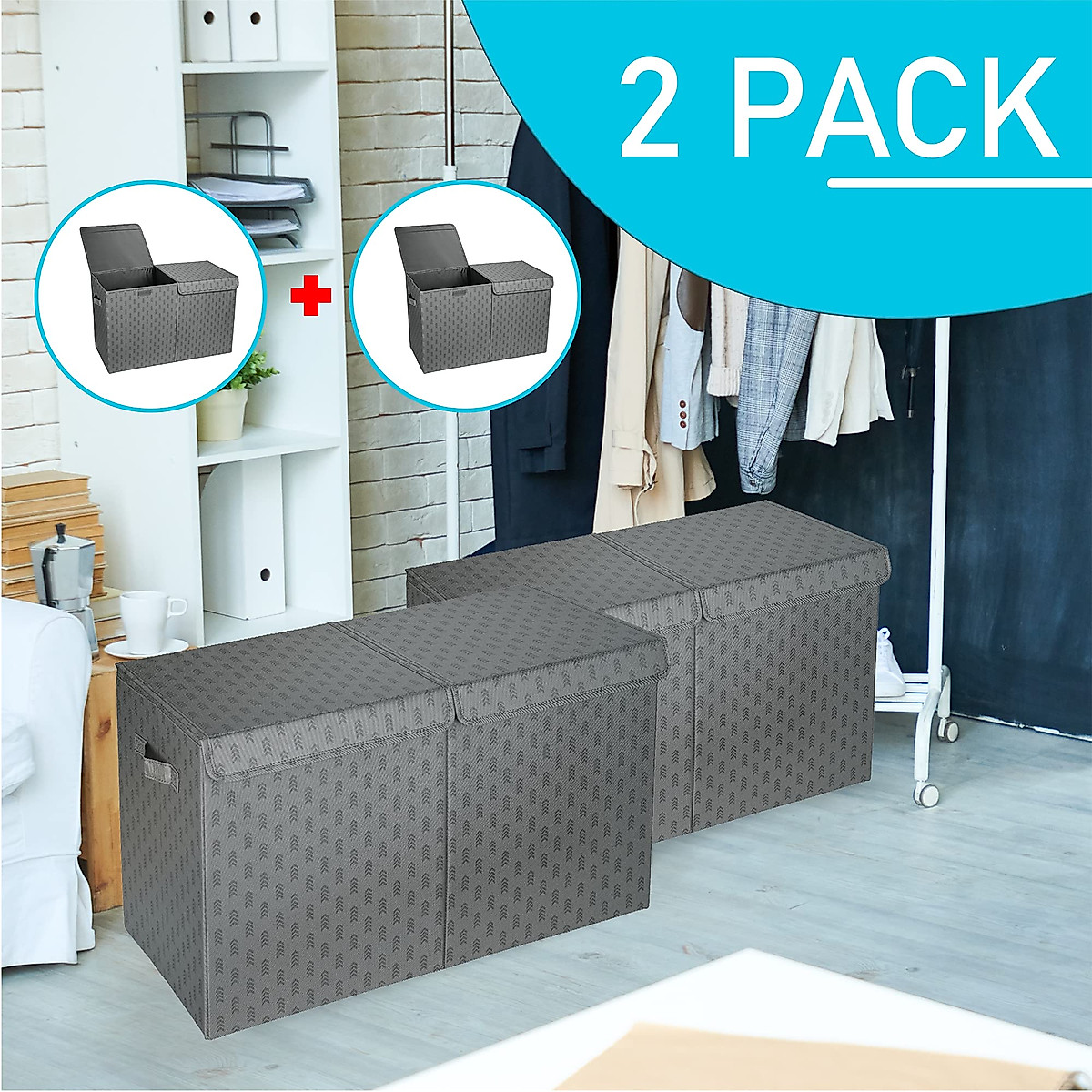 Hula Home Toy Storage (3pc) Large - Collapsible Chest Bins w/Lids | Premium Polyester Linen Fabric - Foldable Box Organizer Closet Trunk Container Basket w/Cover for Boys Girls Bedroom Nursery(Gray)