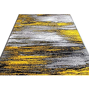 Champion Rugs Modern Contemporary Rugs for Living Dining Room Abstract Brush Stripes Yellow Grey Black Area Rug (5’ 3” X 7’ 5”)