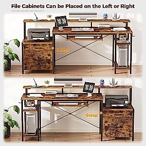Rolanstar Computer Desk 65" with File Drawer, Gaming Desk with LED Light & Power Outlets, Home Office Desk with File Cabinet & Storage Shelves, with Monitor Stand & Keyboard Tray, Rustic Brown