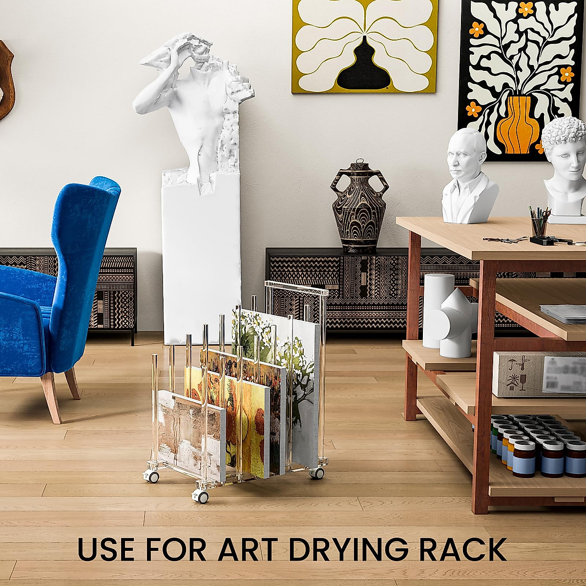 Sumerflos Acrylic Art Storage Rack with Caster Wheels - Clear Canvas Storage Rack for Artwork, Panel, Frame, Drawing Board, Printed Matter, Paper Pad, Backing Plate (13.78" D X 23.03" W X 28.54" H)