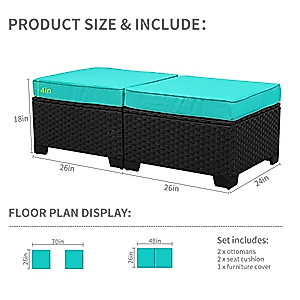 Rattaner Patio Furniture Outdoor Ottomans for Patio 2 Pcs Patio Ottoman Set Outdoor Furniture Outdoor Foot Rest for Patio Anti-Slip Cushions and Waterproof Cover, Turquoise