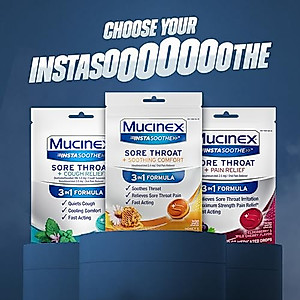 Mucinex Instasoothe Sore Throat Relief Drops, Sore Throat Lozenges, Sore Throat Medicine with Hexylresorcinol, Cough Drops Alternative, Honey & Echinacea Flavor Medicated Numbing Throat Drops, 40 ct